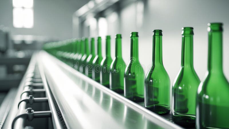 Green Glass Bottles Moving Along Brewery Assembly Line. Stock Photo ...