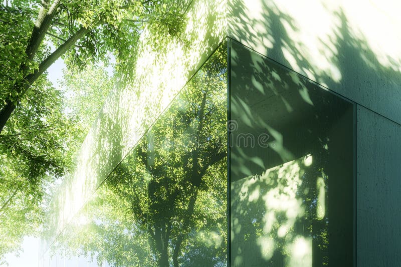 A Green Glass Building with a Tree Backdrop and Sunlight in the ...