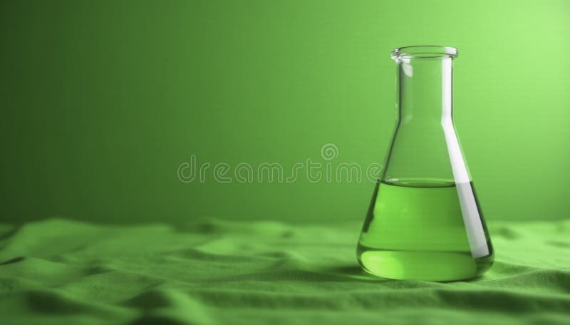 Green Glass Flask Containing Green Liquid Isolated on Green Cloth ...