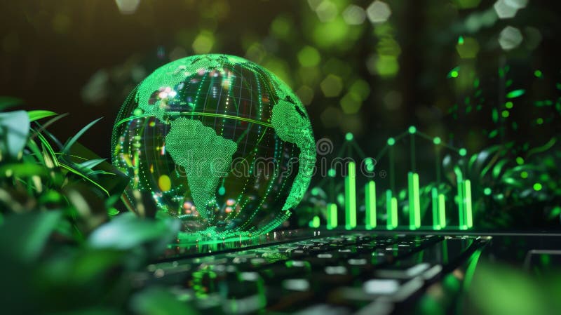 Green Globe with Data Visualization on Keyboard in Nature, Generative ...