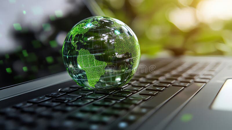 Green Globe on Laptop Keyboard: Sustainability Concept Stock ...