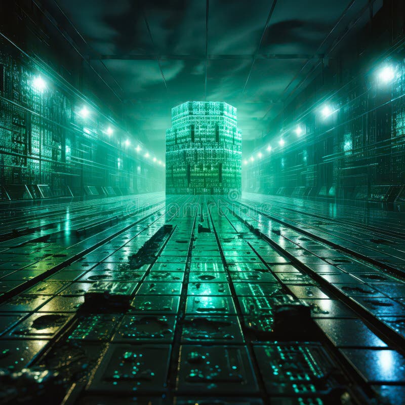 The Green Glow of Digital Data in a Server Room Corridor Stock Photo ...