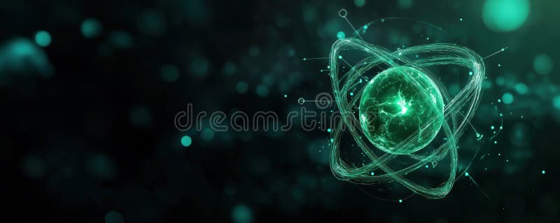 Green Glowing Atom Model with Energy Particles and Abstract Background ...