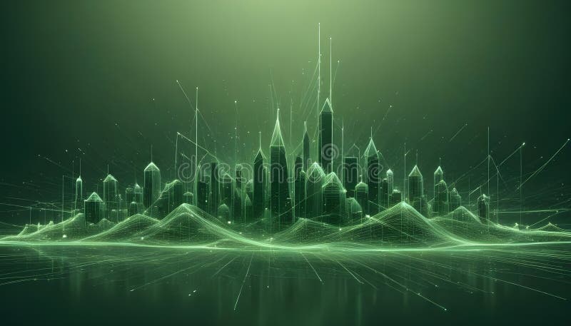 A Green, Glowing City Skyline is Depicted within a Network Structure ...