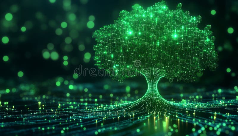 Green Glowing Digital Tree with Network Connection on Dark Background ...