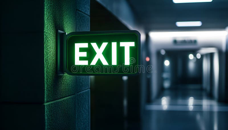 Green Glowing EXIT Sign on Dark Grey Wall Stock Image - Image of signal ...