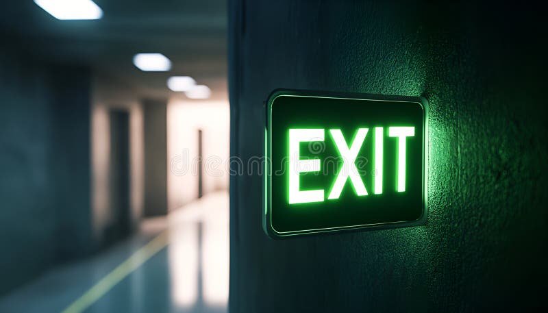 Green Glowing EXIT Sign on Dark Grey Wall Stock Image - Image of design ...