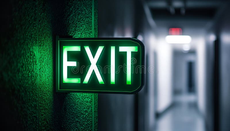 Green Glowing EXIT Sign on Dark Grey Wall Stock Photo - Image of alert ...
