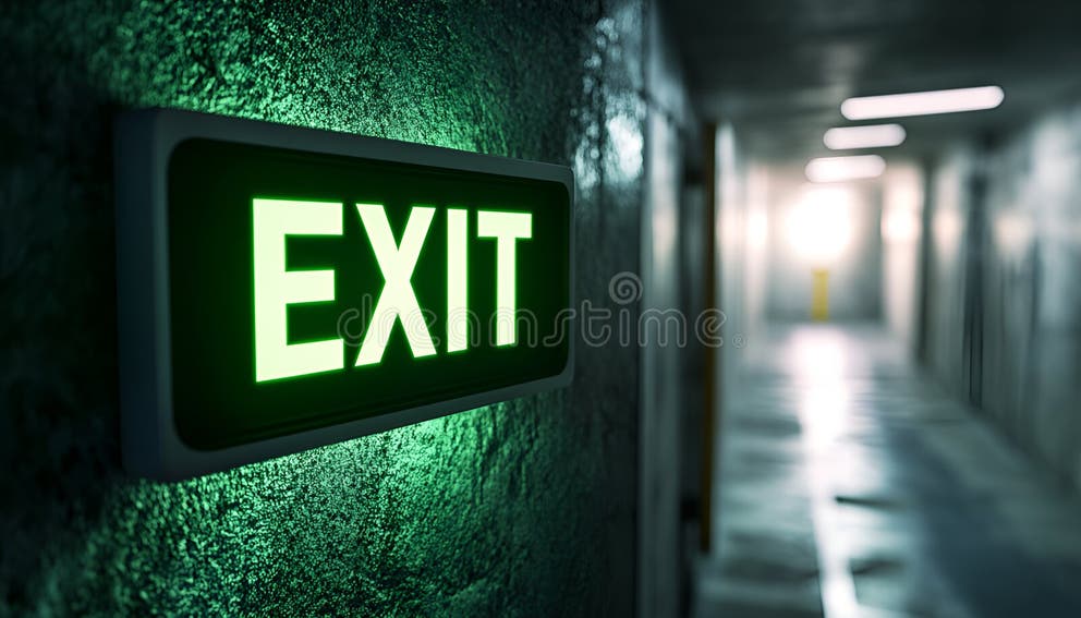 Green Glowing EXIT Sign on Dark Grey Wall Stock Photo - Image of wall ...