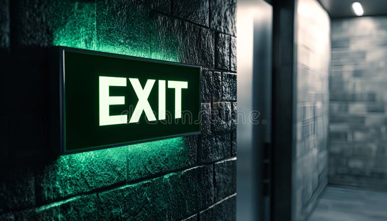 Green Glowing EXIT Sign on Dark Grey Wall Stock Image - Image of light ...