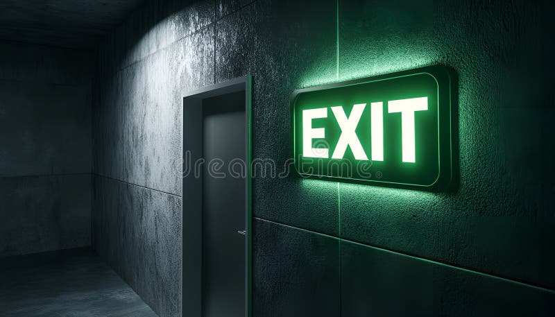 Green Glowing EXIT Sign on Dark Grey Wall Stock Image - Image of rescue ...
