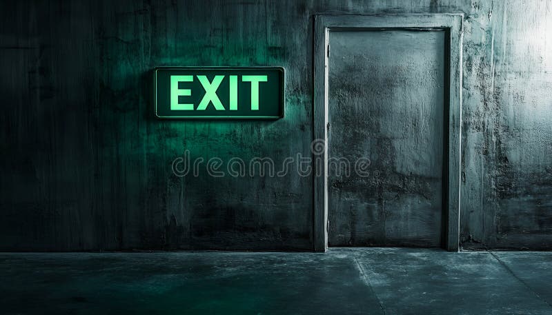 Green Glowing EXIT Sign on Dark Grey Wall Stock Photo - Image of ...