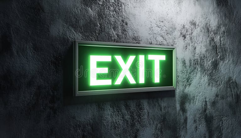 Green Glowing EXIT Sign on Dark Grey Wall Stock Image - Image of modern ...