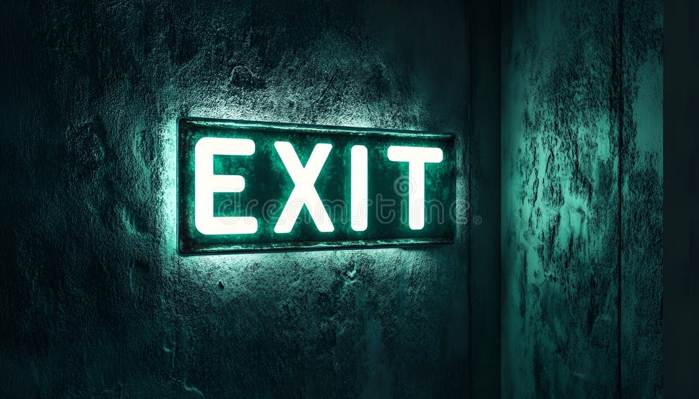 Green Glowing EXIT Sign on Dark Grey Wall Stock Image - Image of ...