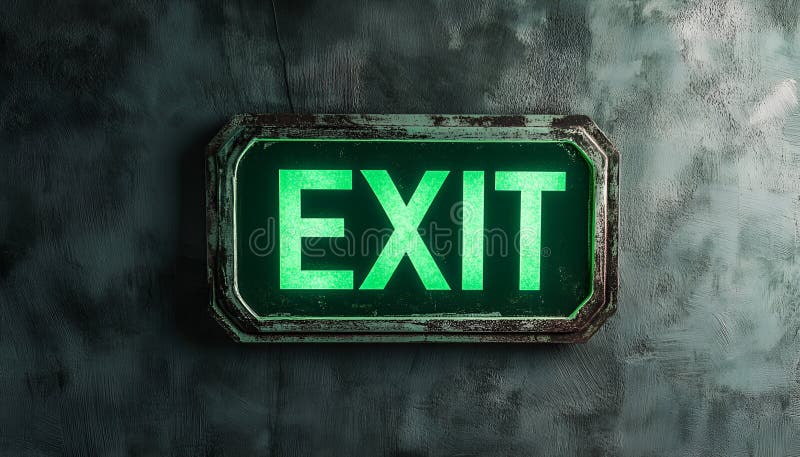 Green Glowing EXIT Sign on Dark Grey Wall Stock Image - Image of ...