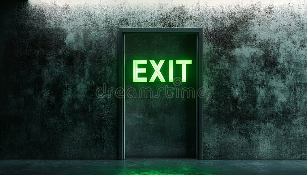 Green Glowing EXIT Sign on Dark Grey Wall Stock Photo - Image of modern ...