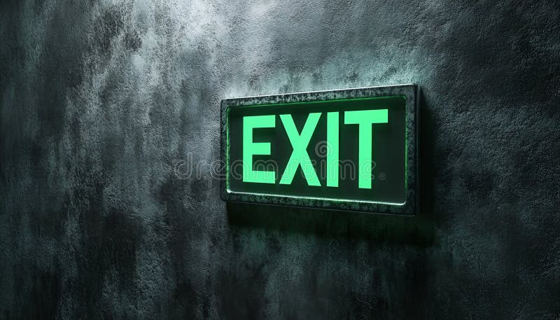 Green Glowing EXIT Sign on Dark Grey Wall Stock Image - Image of indoor ...