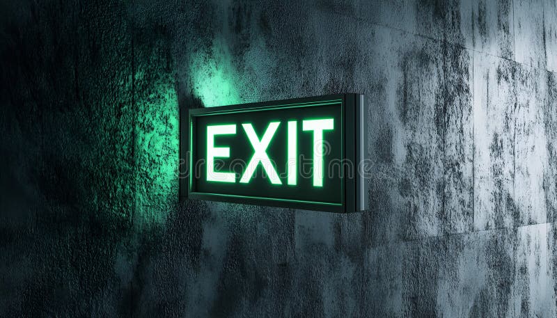 Green Glowing EXIT Sign on Dark Grey Wall Stock Image - Image of ...