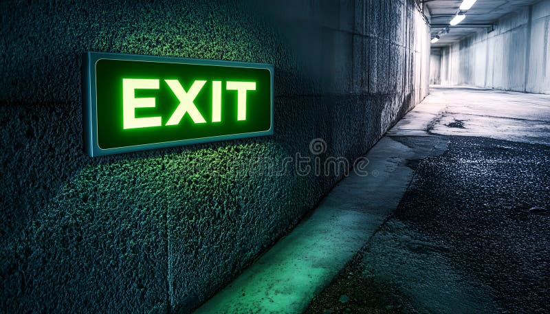 Green Glowing EXIT Sign on Dark Grey Wall Stock Photo - Image of ...