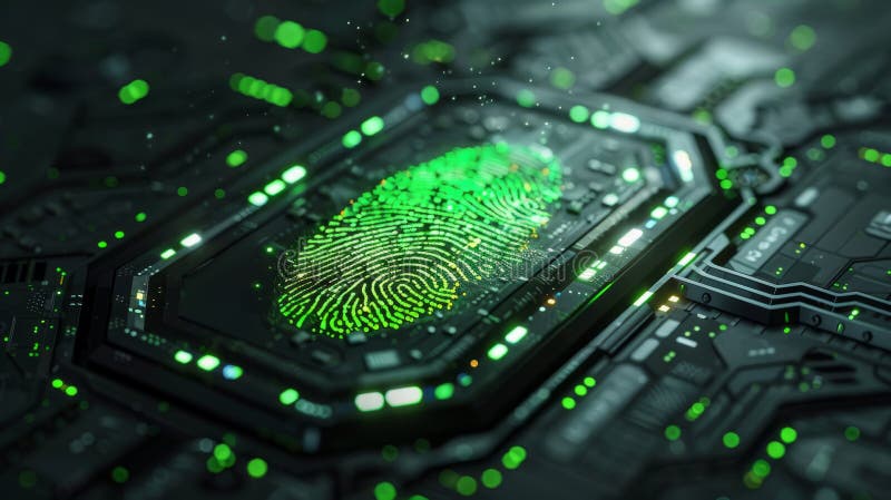 Green Glowing Fingerprint on a High-tech Circuit Board. Stock Photo ...