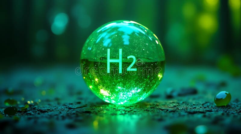 Green Glowing Hydrogen Sphere Resting on a Textured Surface Surrounded ...