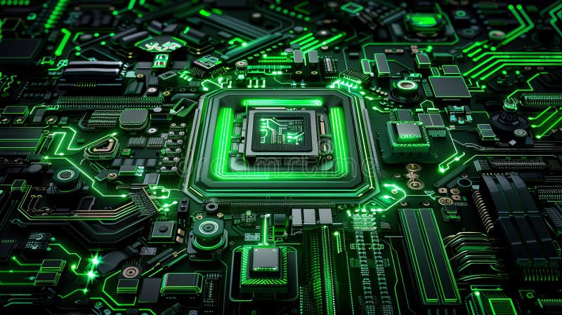 Green Glowing Motherboard: High Tech Circuit Board, System Board ...