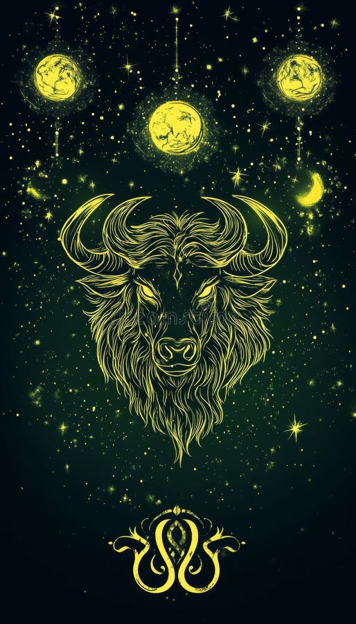 Green and Gold Bull Illustration, Symbolizing Taurus Determination on a ...