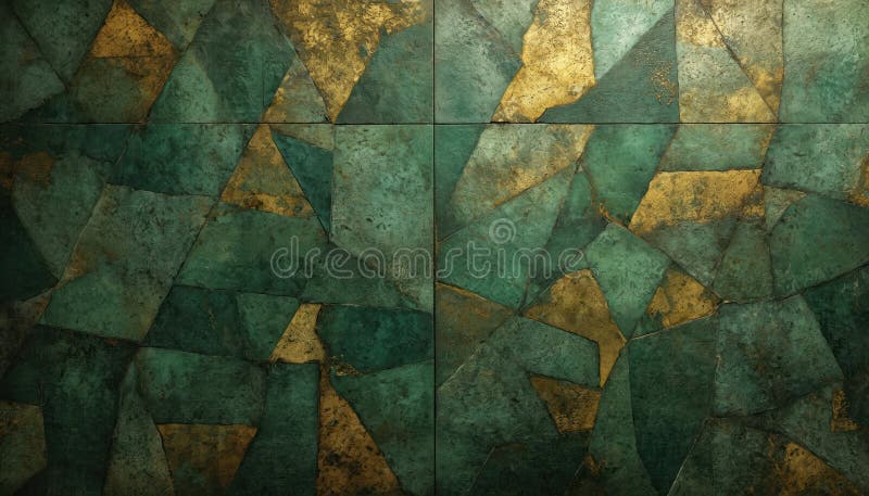 Green, Gold Geometric Triangle Tiles with Aged, Organic Texture ...