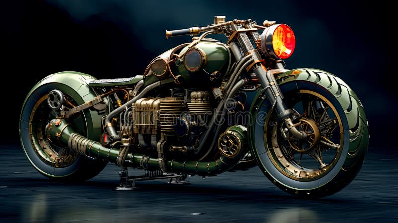 Green and Gold Motorcycle with Red Light on it S Headlight. Generative ...
