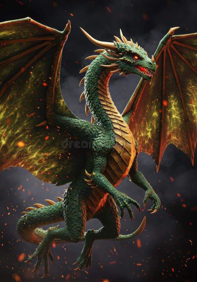 Green and Gold Pixel Dragon in Flight Against a Dark Background Stock ...