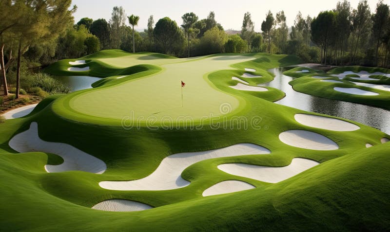 Green Golf Course with Water and Trees Stock Illustration ...