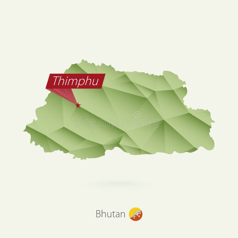 Green Gradient Low Poly Map of Bhutan with Capital Thimphu Stock Vector ...