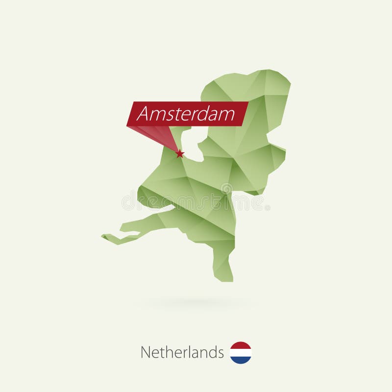 Green Gradient Low Poly Map of Netherlands with Capital Amsterdam Stock ...
