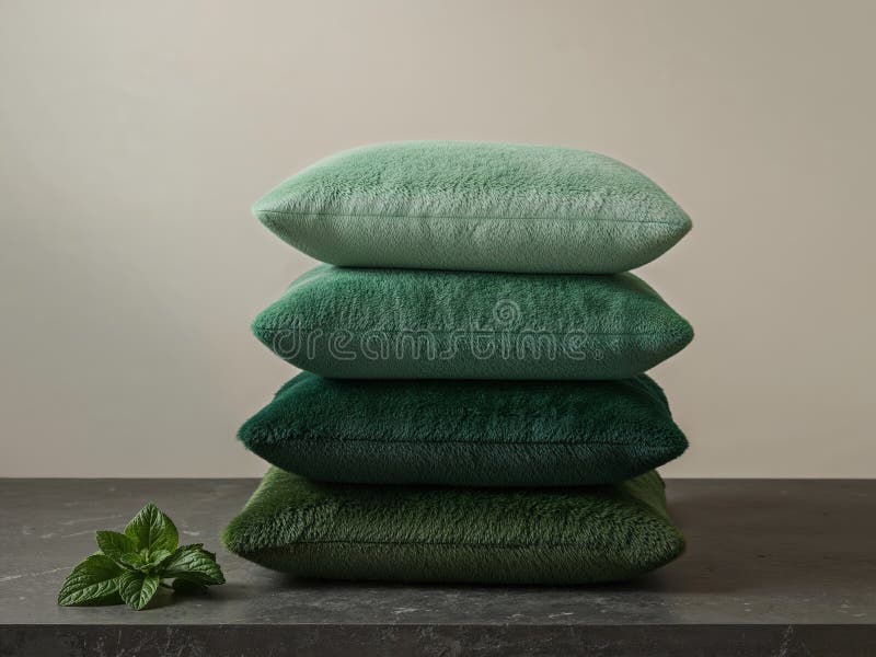 Green Gradient. a Stack of Four Plush Pillows with a Mint Sprig on a ...