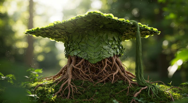 Green Graduation Cap Formed by Leaves and Roots Stock Illustration ...