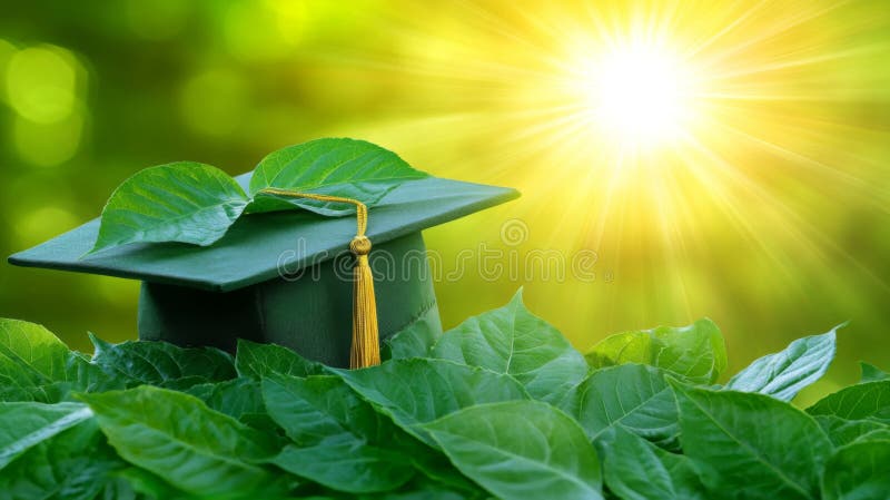 Green Graduation Cap Resting among Lush Green Leaves Stock Illustration ...