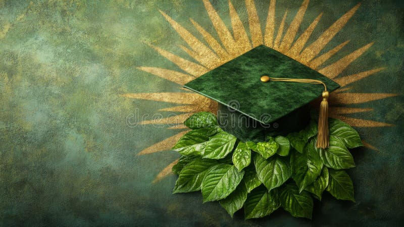 Green Graduation Cap Rests on Lush Green Leaves Stock Illustration ...