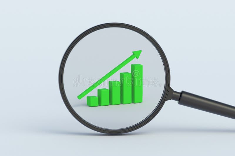 Green Graph with Column and Up Arrow Behind Magnifying Glass Stock ...