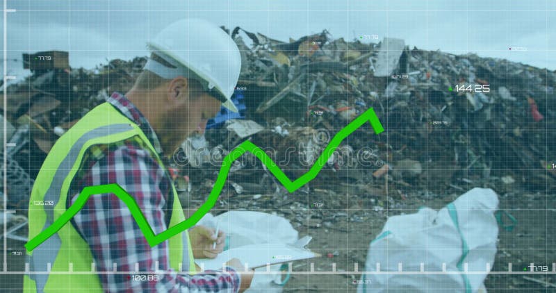 Green Graph Image Over Construction Worker Inspecting Landfill Site ...
