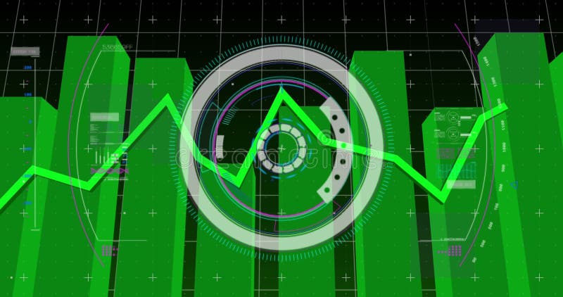Green Graphs Over Neon Round Scanner and Data Processing Against Black ...