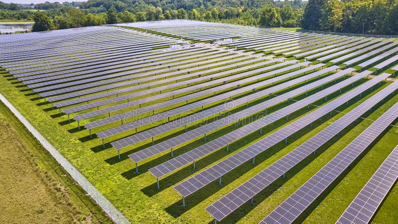 Green Grass Around Rows of Solar Panels on Farm in Midwest Aerial Stock ...