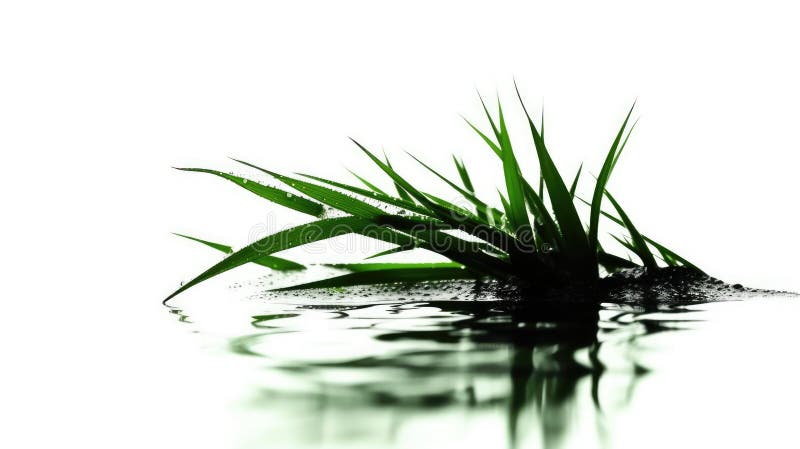 Green Grass Blades Emerging from Water with Reflection Stock ...