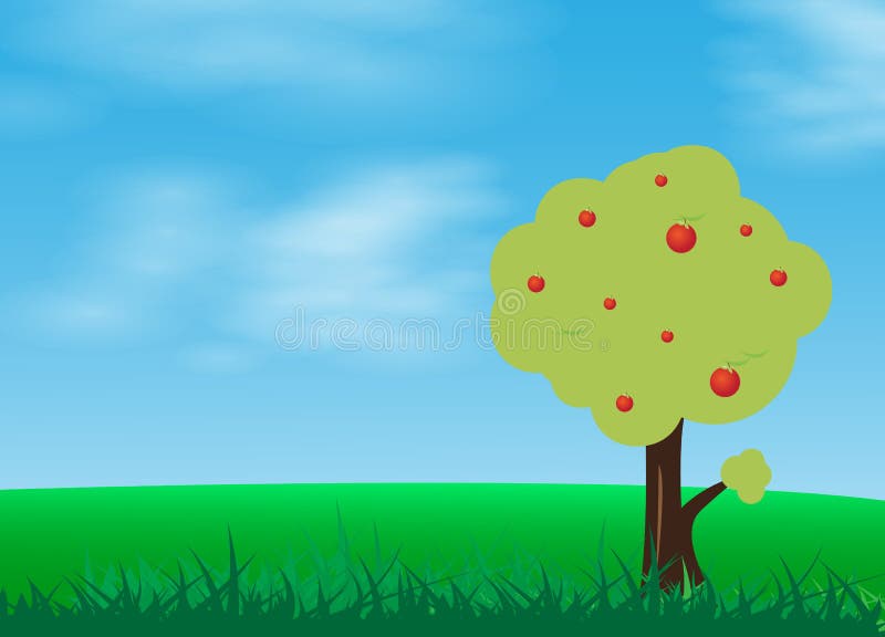 Green Grass in Blue Sky with Apple Tree Cartoon Illustra Stock ...