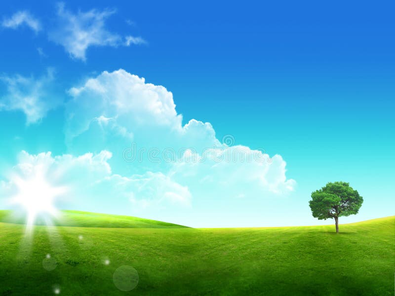 Green Grass and Blue Sky with Clouds and Tree Stock Photo - Image of ...