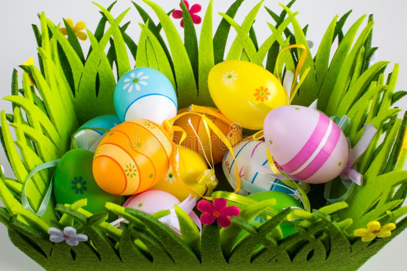 Green Grass Box with Easter Eggs Stock Photo - Image of yellow, green ...