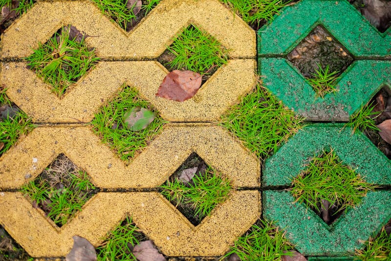 Green Grass and Concrete Tiles Stock Photo - Image of texture, metal ...