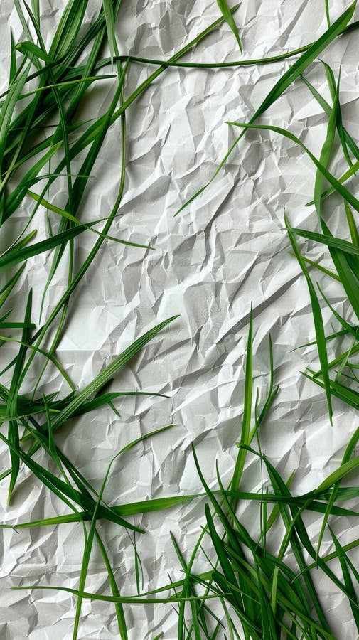 Green Grass on Crumpled White Paper Background, Minimal Nature Concept ...