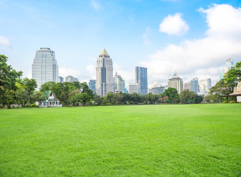 Green Grass Field in Big City Park Stock Photo - Image of park, city ...