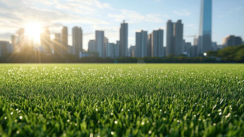 Green Grass Field with City Skyline at Sunset Stock Illustration ...