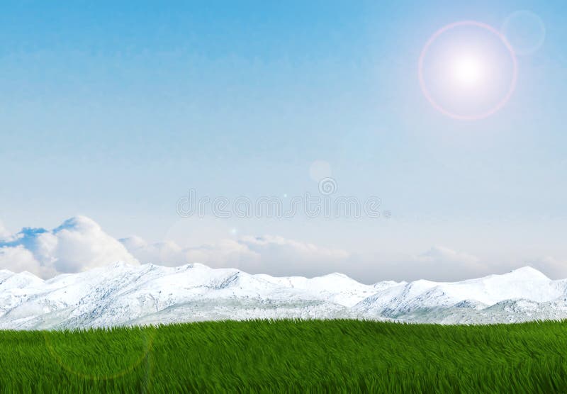 Green Grass Field Landscape with Snow Mountain Stock Image - Image of ...